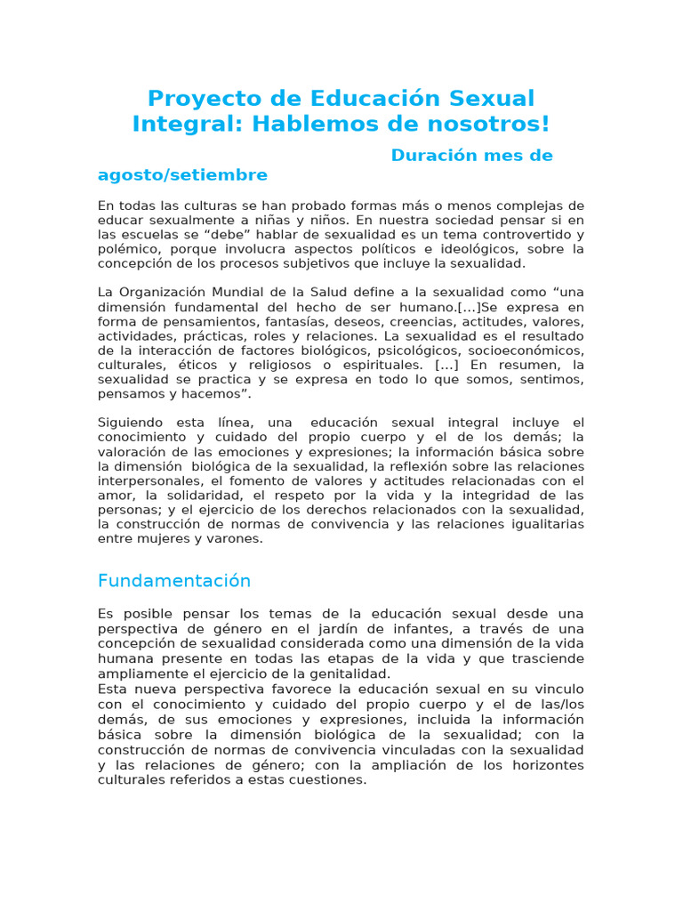 Proyecto de Esi Hablemos de Nosotros | PDF | La sexualidad humana | Educación sexual