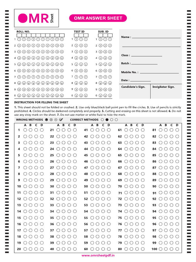 OMR Sheet 100 Questions For Practice | PDF