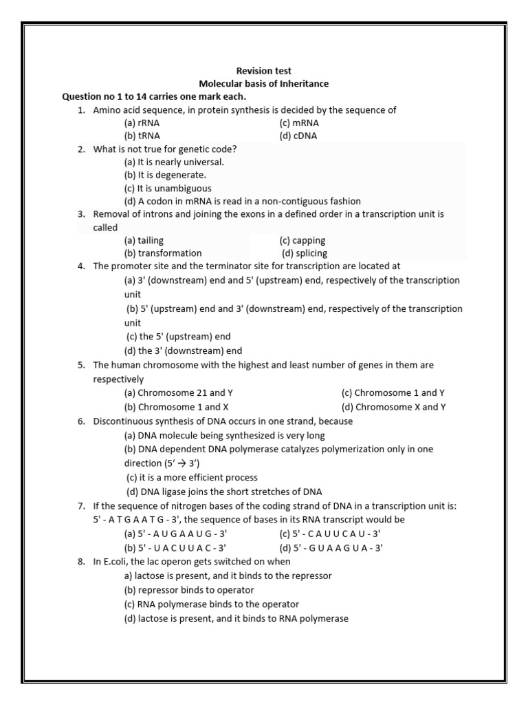 Inheritance Revision Test Questions | PDF | Operon | Dna