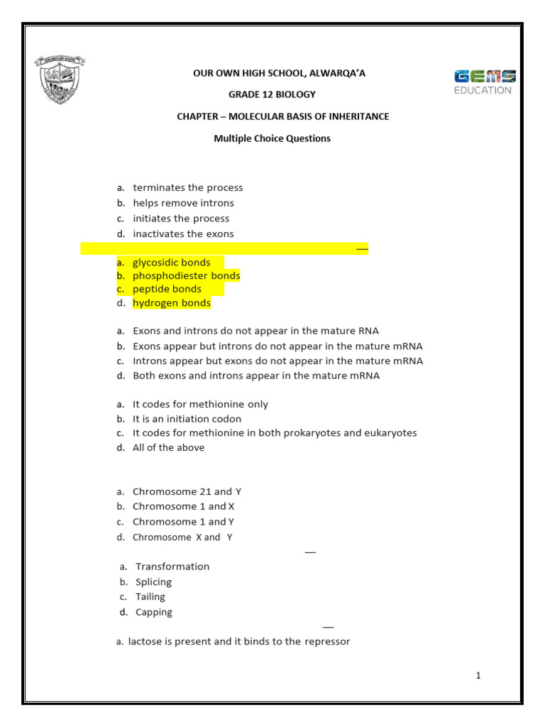 Question Bank - Molecular Basis of Inheritance | PDF | Dna | Gene