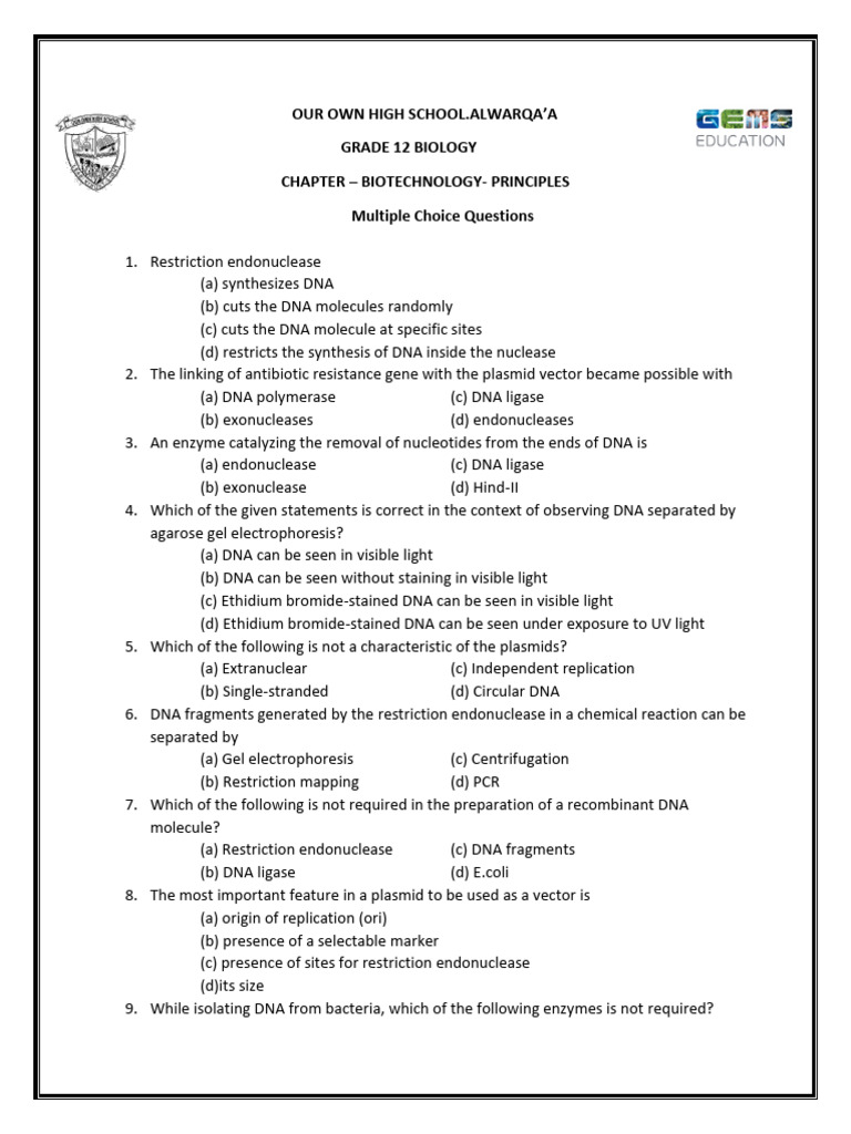 Grade 12 Biology: Biotechnology MCQs | PDF | Plasmid | Dna