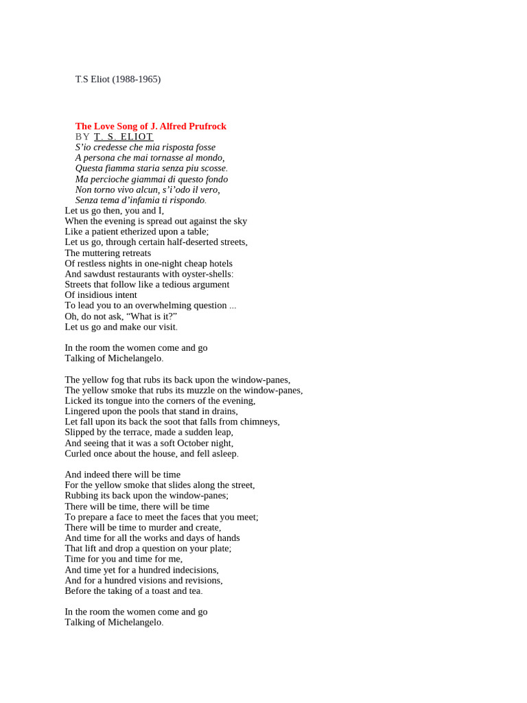 The Love Song of J. Alfred Prufrock: T.S Eliot (1988-1965) | PDF | Art
