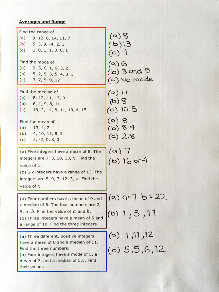 Averages and Range - Practice Strips - Answers | PDF