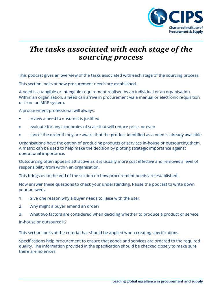 The Tasks Associated With Each Stage of The Sourcing Process ...
