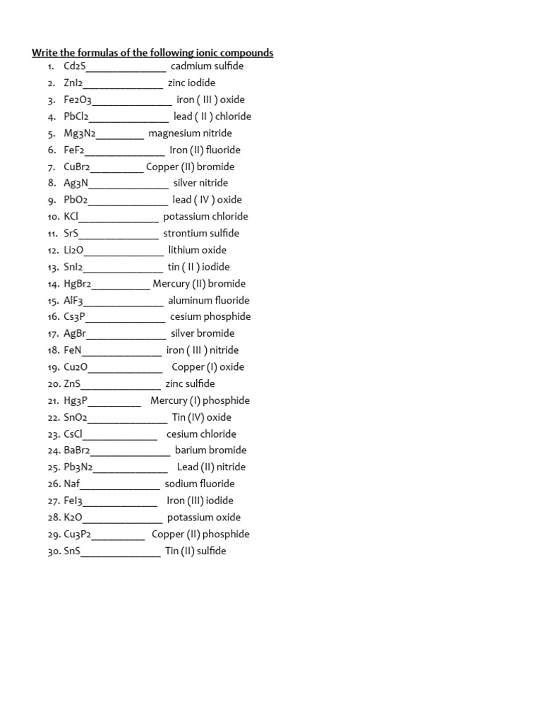 Ionic Compounds Writing Formulas Ws | PDF