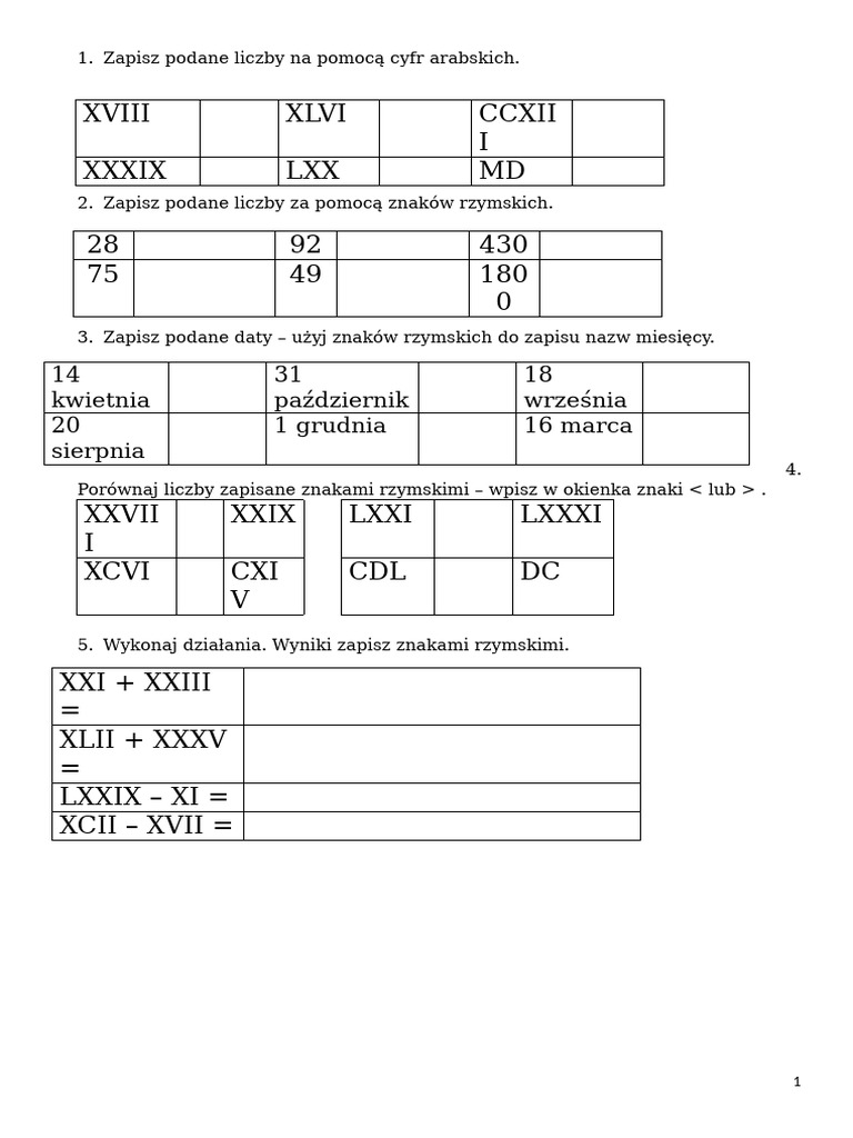 Znaki Rzymskie Kartkówka | PDF