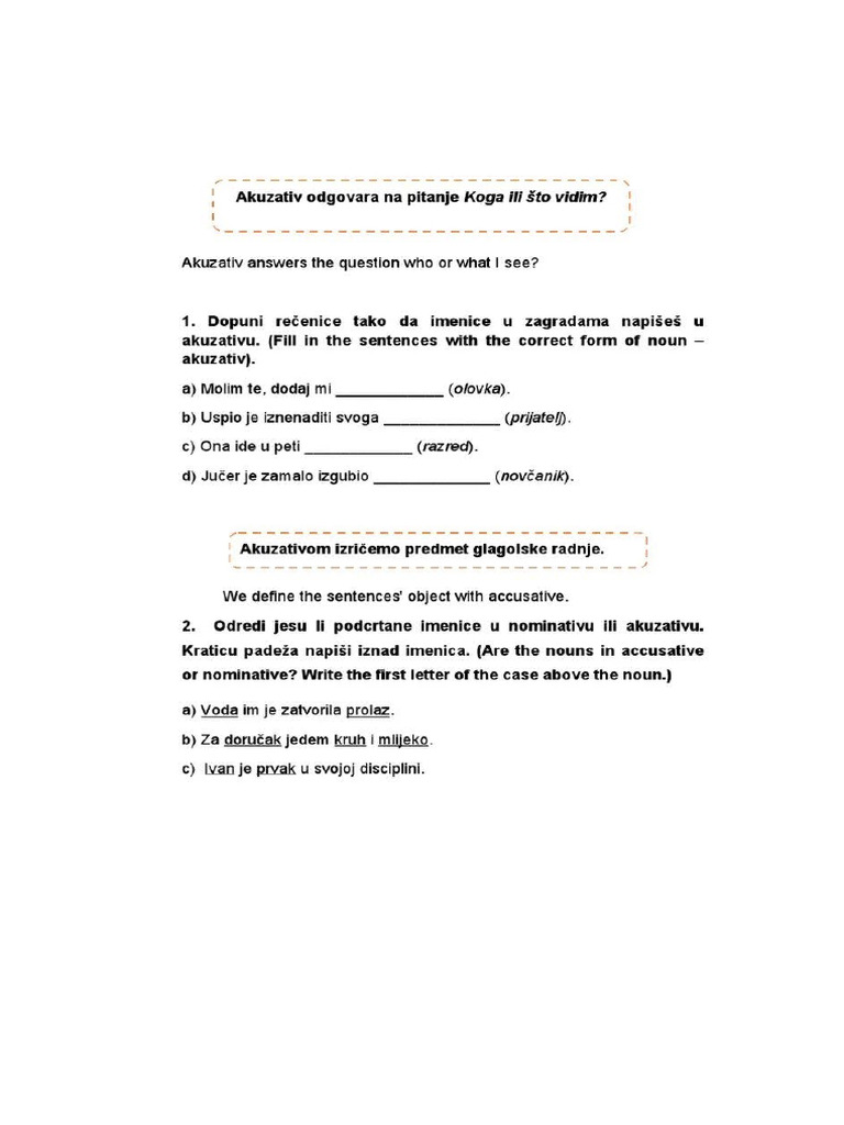 Akuzativ - Zadatak | PDF