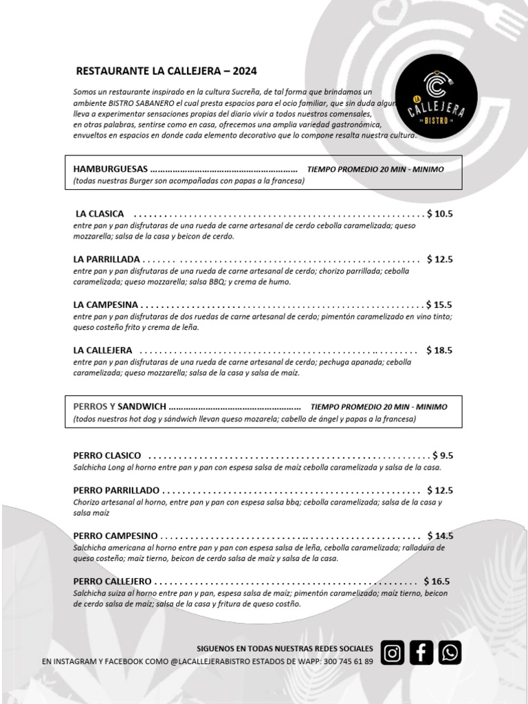 Menú 2024 de La Callejera Bistró | PDF | Pancho | Carne