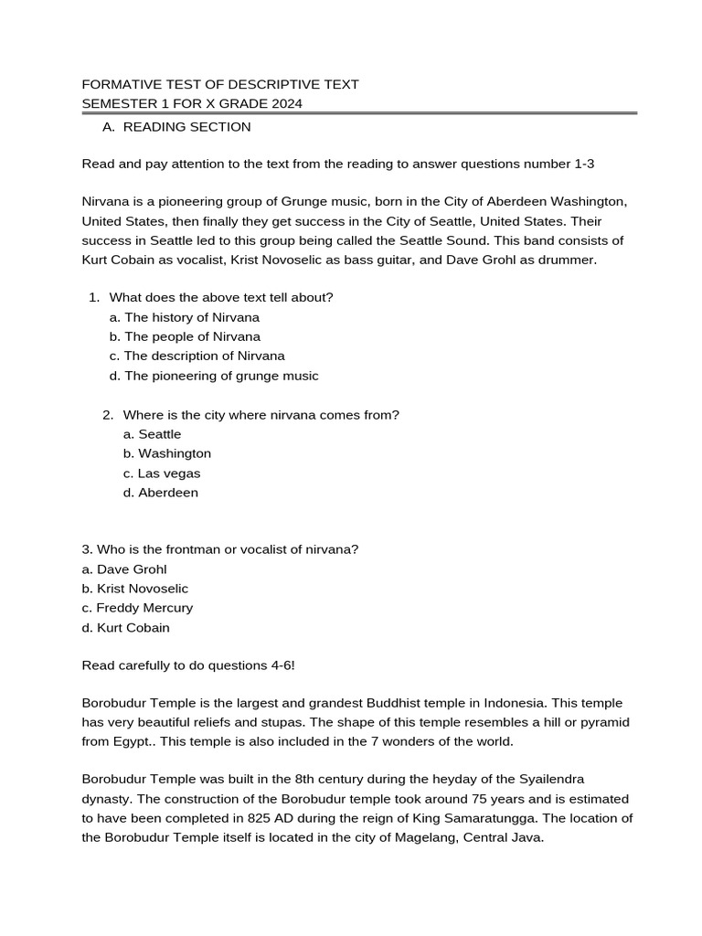 Formative Test: Descriptive Text Grade X | PDF | Nirvana (Band ...