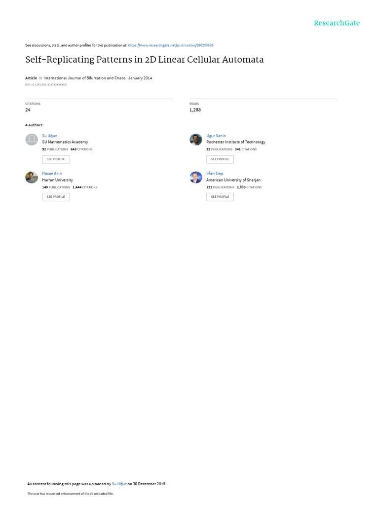 Self-Replicating Patterns in 2D Linear Cellular Au | PDF | Matrix (Mathematics) | Mathematics