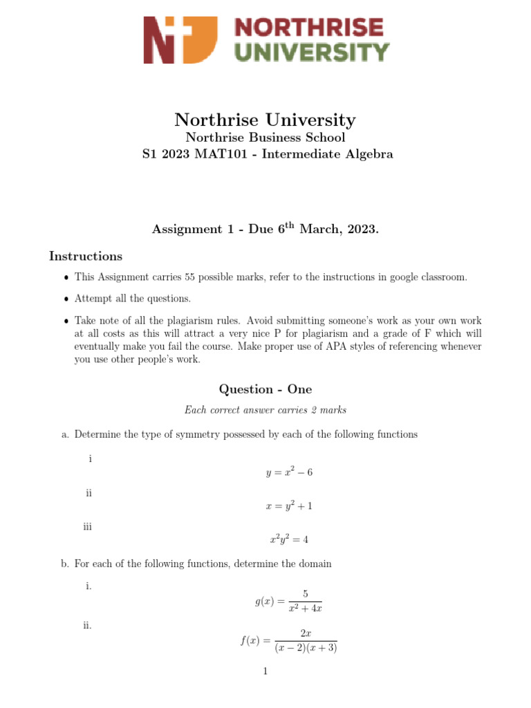 S1 2023 MAT101 Assignment 1 | PDF | Function (Mathematics) | Mathematical Objects