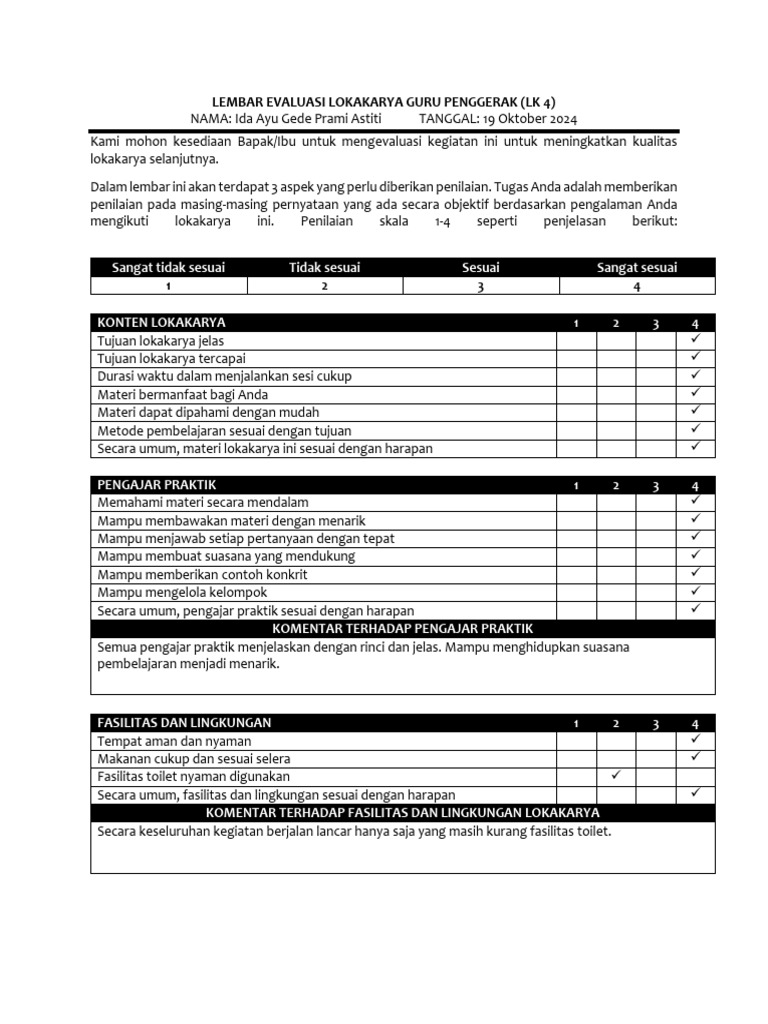 LEMBAR EVALUASI LOKAKARYA 4 - Ida Ayu Gede Prami Astiti | PDF