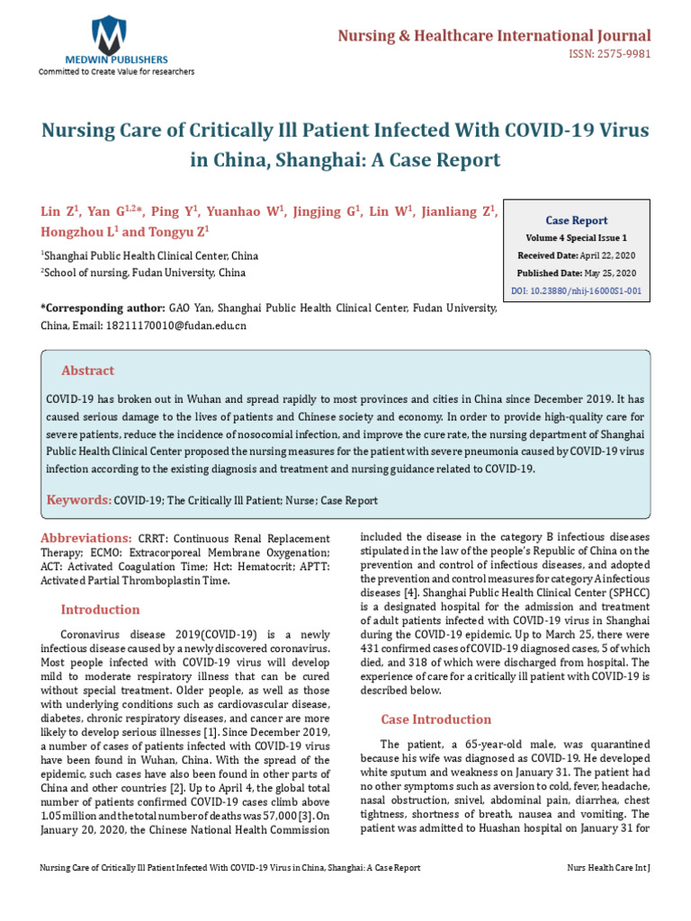Nursing Care of Critically Ill Patient Infected With COVID 19 Virus ...