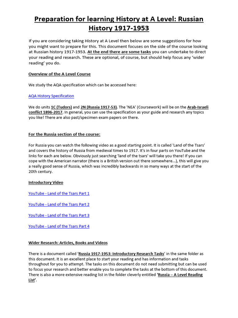 Preparation For Learning History at A Level: Russian History 1917-1953 ...