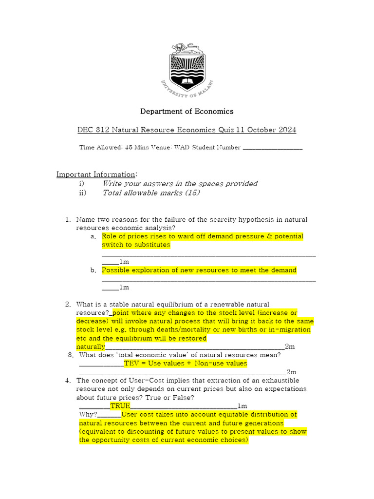 DEC 312 Natural Resource Economics Quiz - 1 11 October 2024 With Sketchy Answers | PDF ...