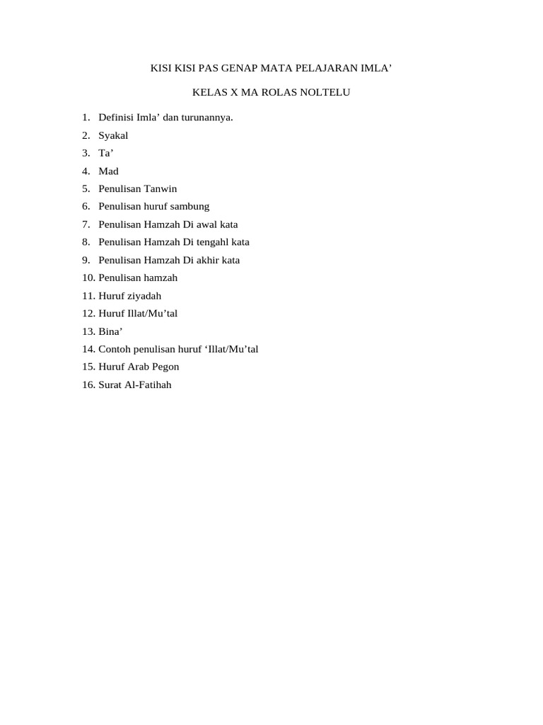 Kisi Kisi Pas Genap Mata Pelajaran Imla | PDF