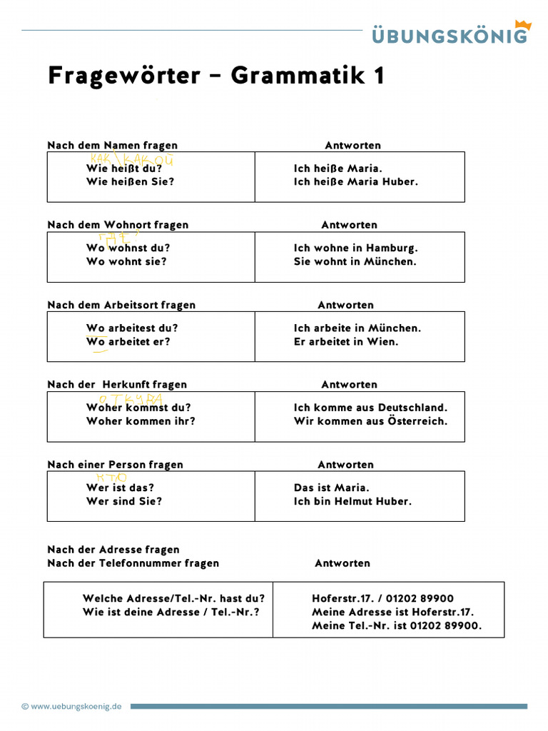 Fragewoerter Grammatik 1 | PDF