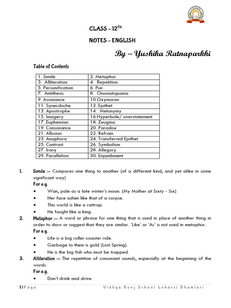 Class 12 English Poetic Devices Guide | PDF | Adjective