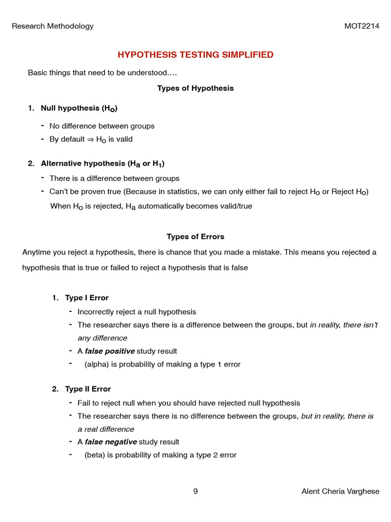 Hypothesis Testing Simplified | PDF | P Value | Type I And Type Ii Errors