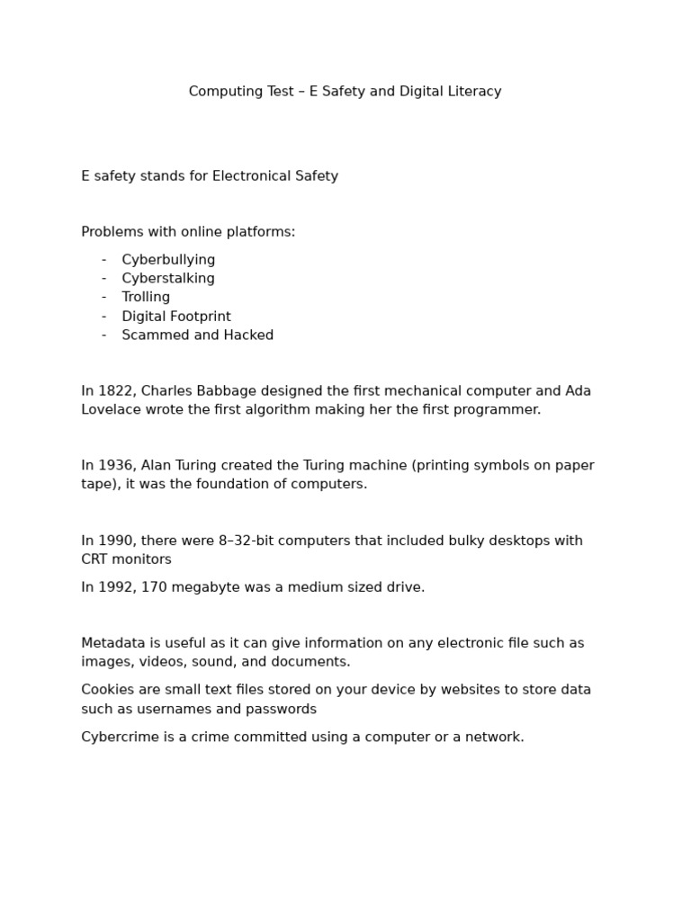 Computing Test - Esafety and Digital Literacy | PDF