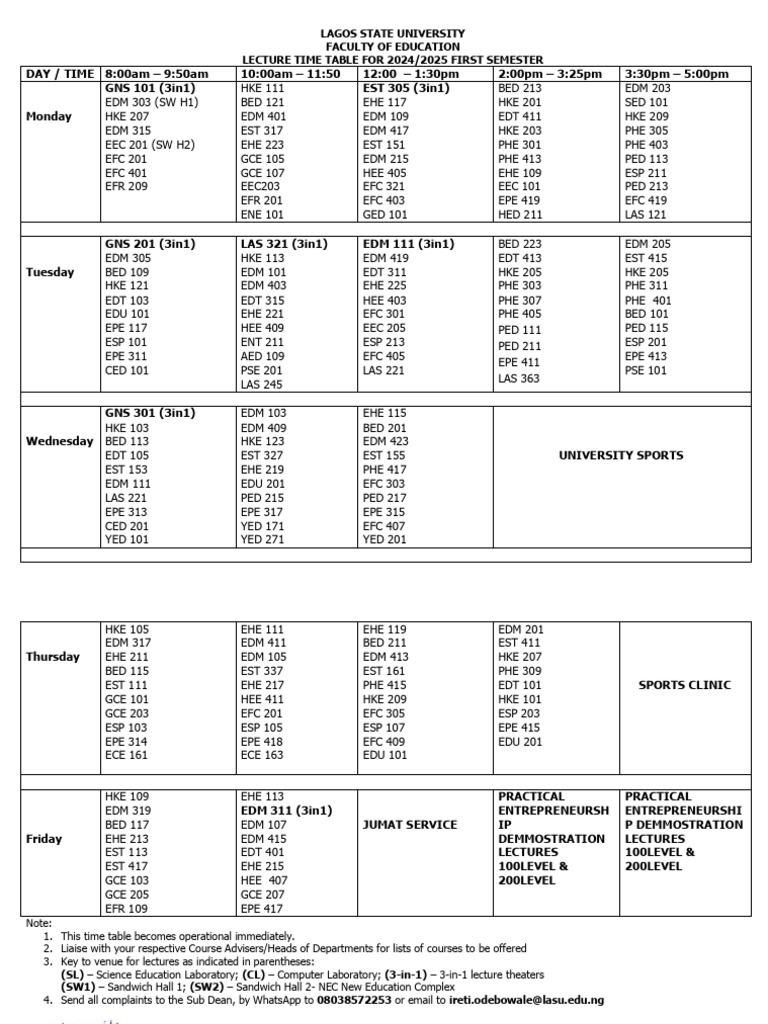 2024 2025 First Semester Lecture Time Table | PDF