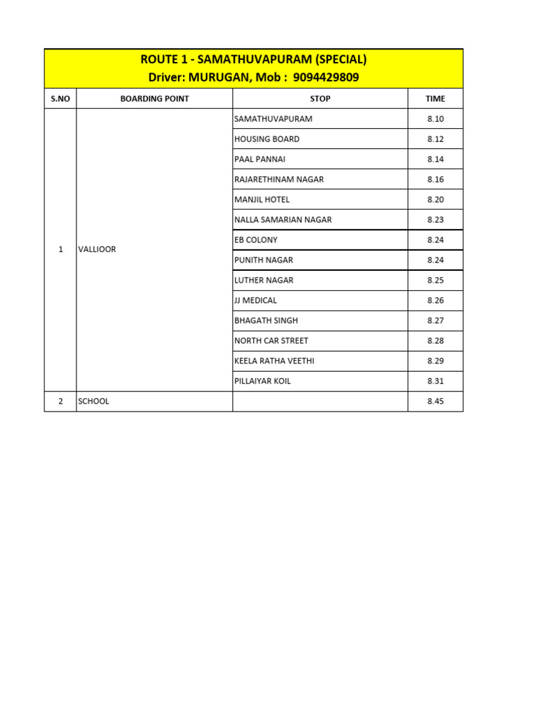 Special Bus Timetable for Vallioor Routes | PDF