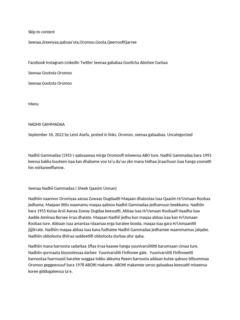 Seenaa Nadhii Gammadaa: Qabsoo Oromoo | PDF