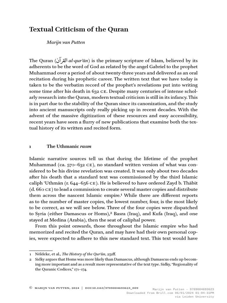 Van Putten 2024 Textual Criticism of The Quran | PDF | Quran | Islam