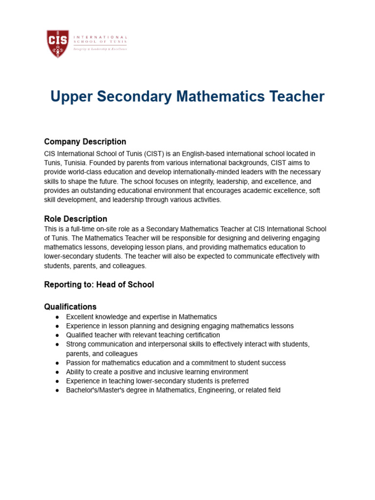 Upper Secondary Mathematics Teacher | PDF | Teachers | Lesson Plan