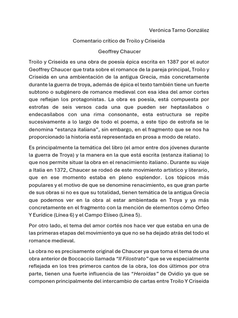 Comentario Troilo y Criséida | PDF | Poesía
