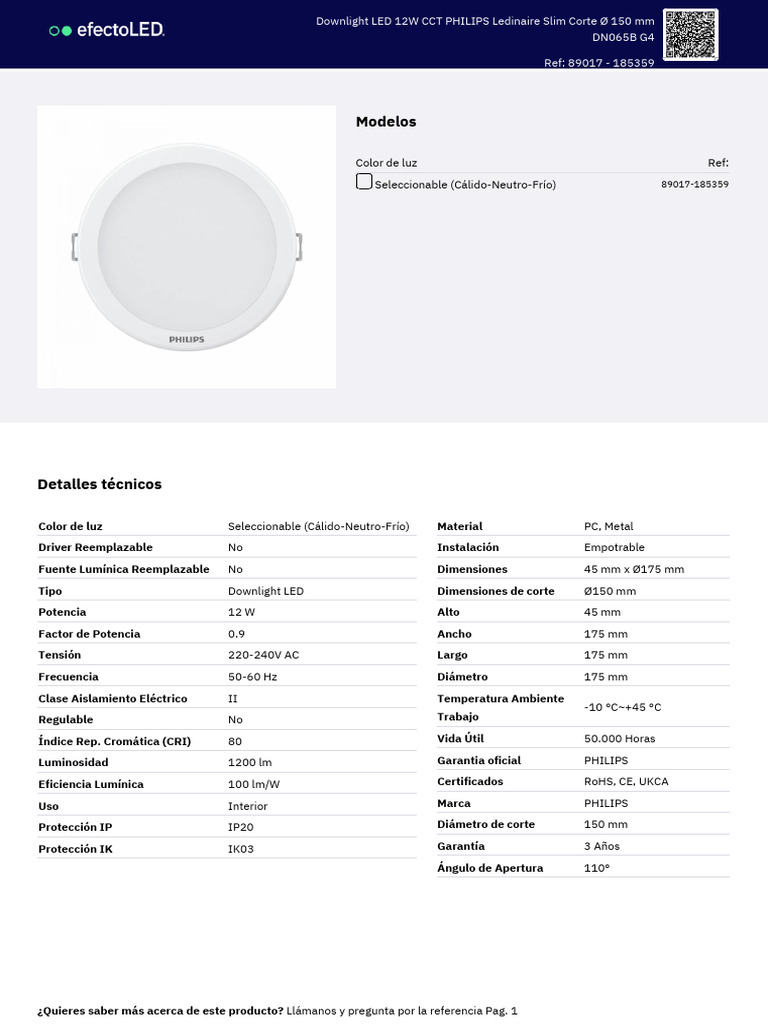 Downlight LED 12W CCT PHILIPS Ledinaire Slim Corte Ø 150 MM DN065B G4 | PDF | Diodo emisor de ...