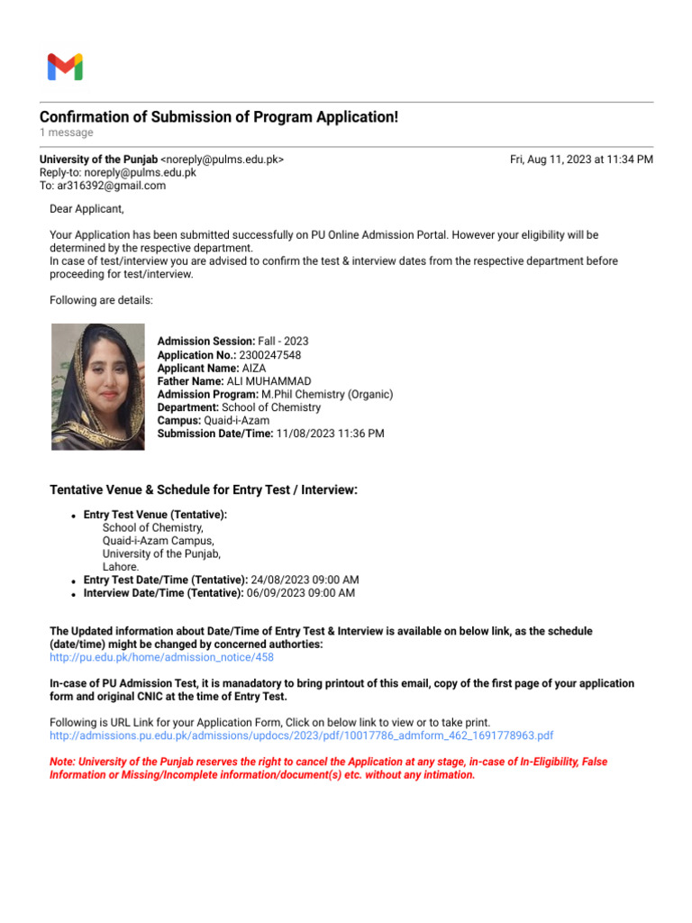 Gmail - Confirmation of Submission of Program Application! | PDF