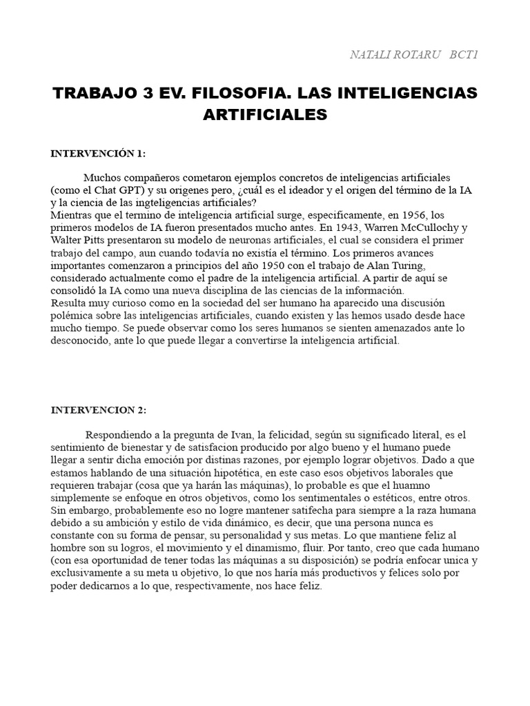 TrabajoFILO 3 Ev NataliRotaru bct1 | PDF | Inteligencia artificial ...