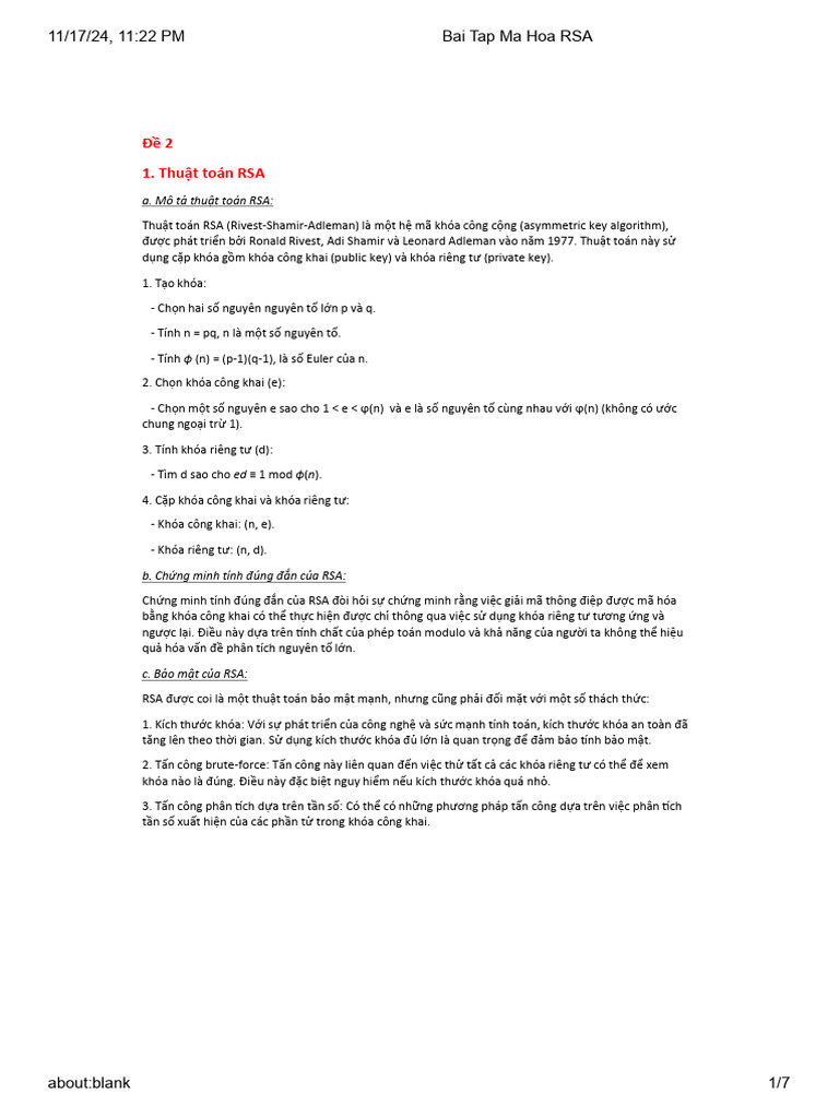 Bai Tap Ma Hoa RSA | PDF