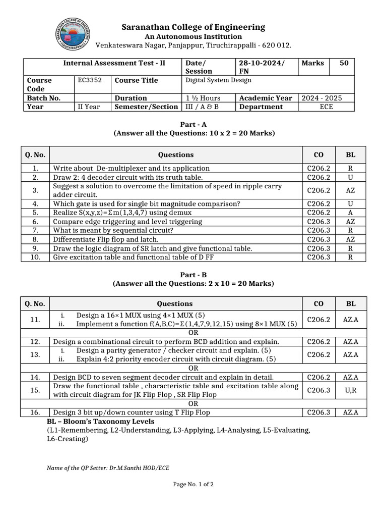 Ec3352 Dsd-Ia2 QP-2024-25 | PDF | Electronics | Electronic Design