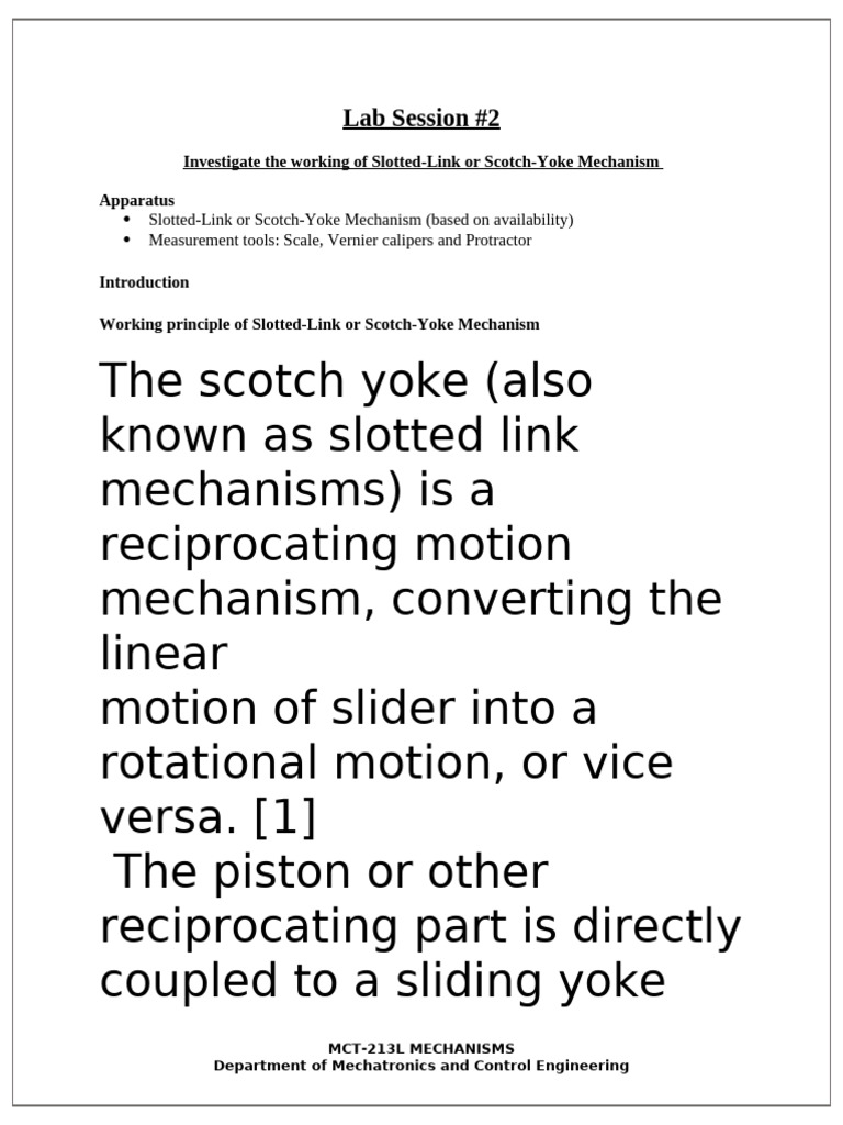 Scotch-Yoke Mechanism Lab Analysis | PDF | Mechanics | Motion (Physics)