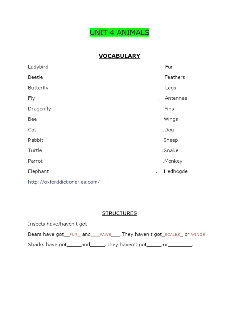Unit 4 Animals | PDF | Language Arts & Discipline | Home & Garden