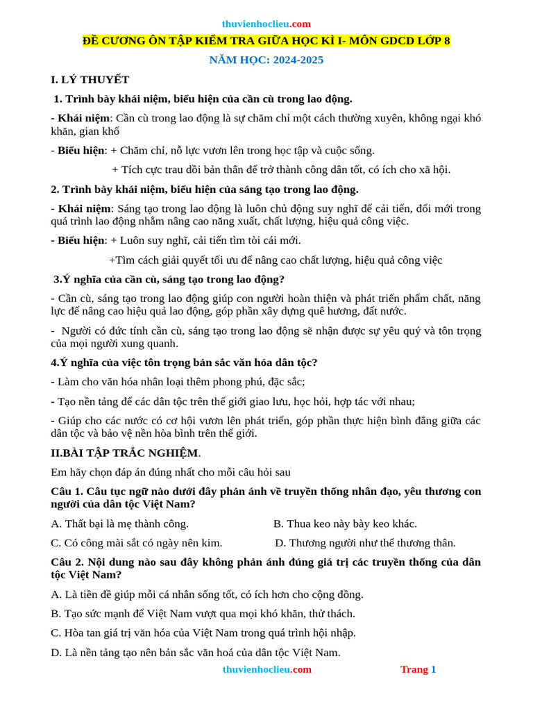 De Cuong On Tap Giua HK1 GDCD 8 Canh Dieu 24 25 | PDF