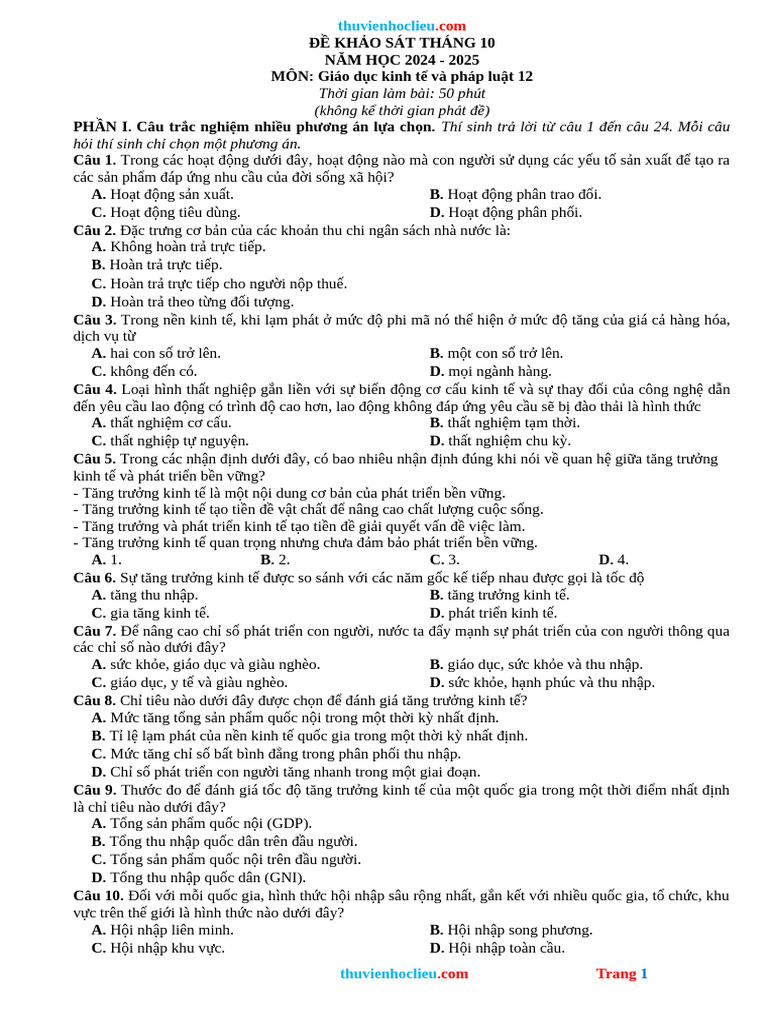 De KS TN THPT 2025 Mon KTPL Thang 10 Bam Sat Minh Hoa | PDF