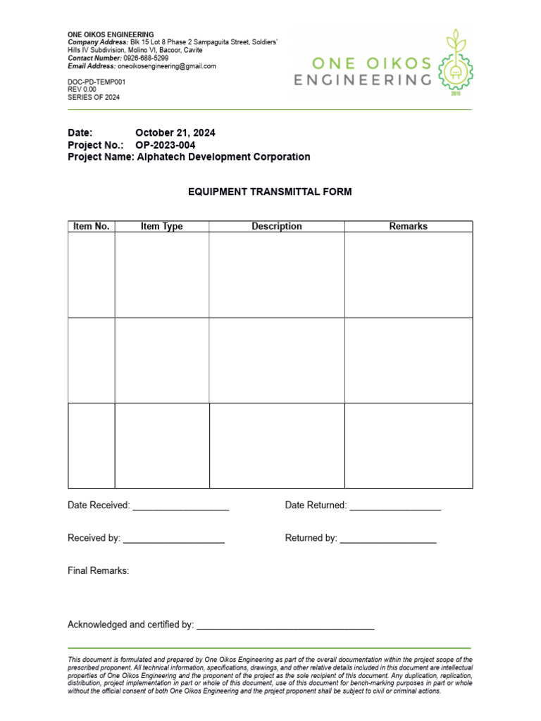 Equipment Transmittal Form | PDF | Technology & Engineering