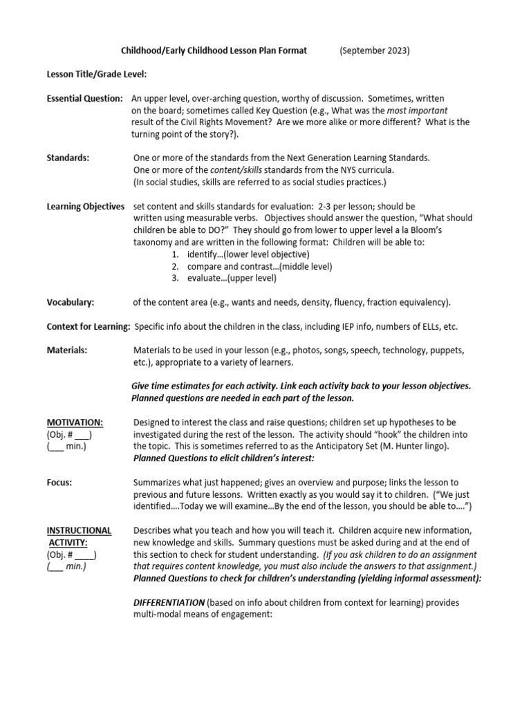 Lesson Plan Format Sept 2023 | PDF | Learning | Lesson Plan