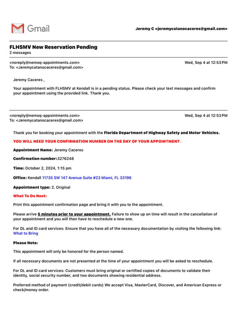 FLHSMV New Reservation Pending | PDF