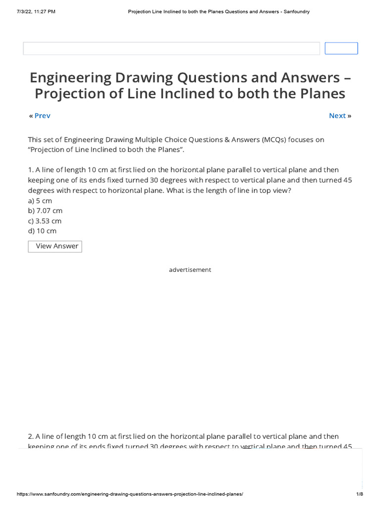 Projection Line Inclined To Both The Planes Questions and Answers - Sanfoundry | PDF ...