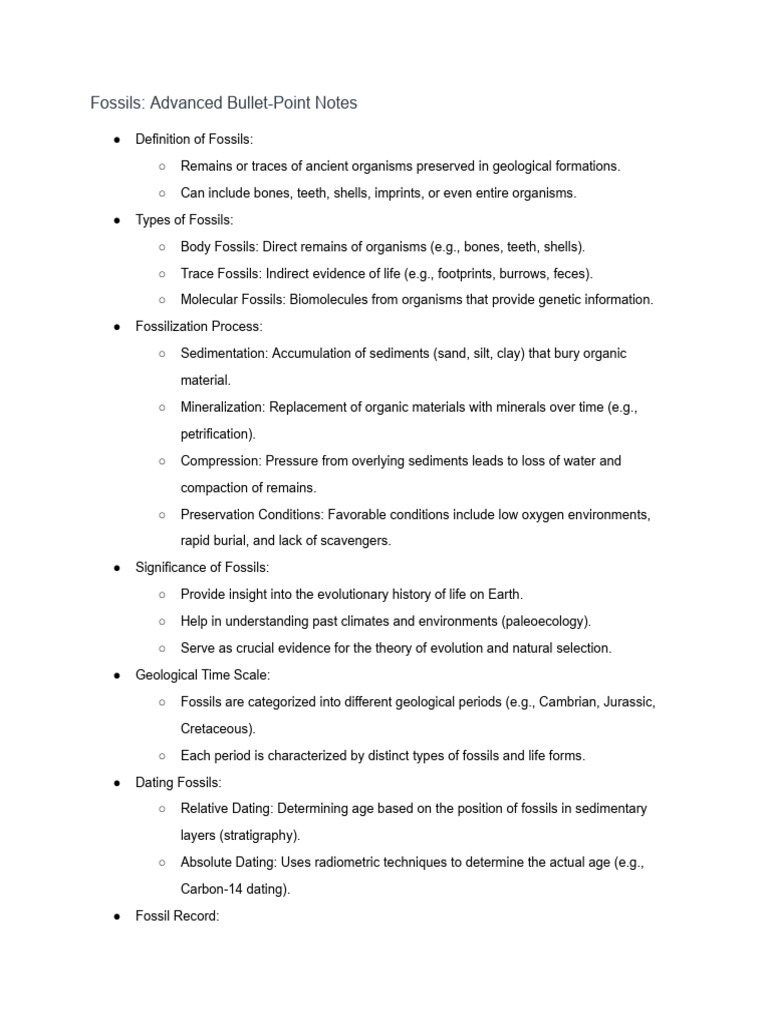 Fossils - Advanced Bullet-Point Notes | PDF | Fossil | Paleontology