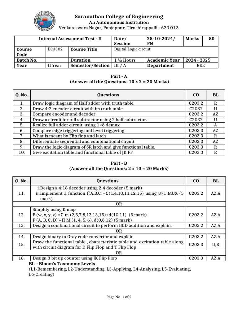 Ee3302 Dlc-Ia2 QP-2024-25 | PDF | Computer Data | Electrical Circuits