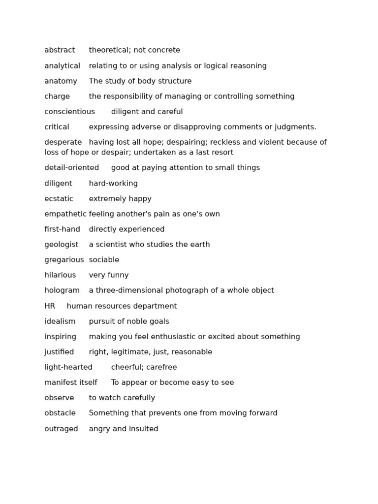 Unit 5 vocabulary list | PDF | Hope | Psychological Concepts