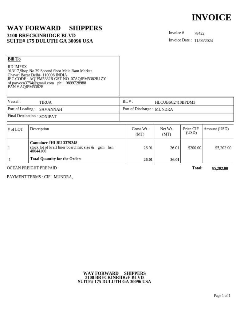 Invoice for Kraft Liner Board Shipment | PDF