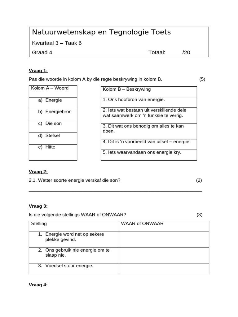 Natuurwetenskap en Tegnologie Toets | PDF