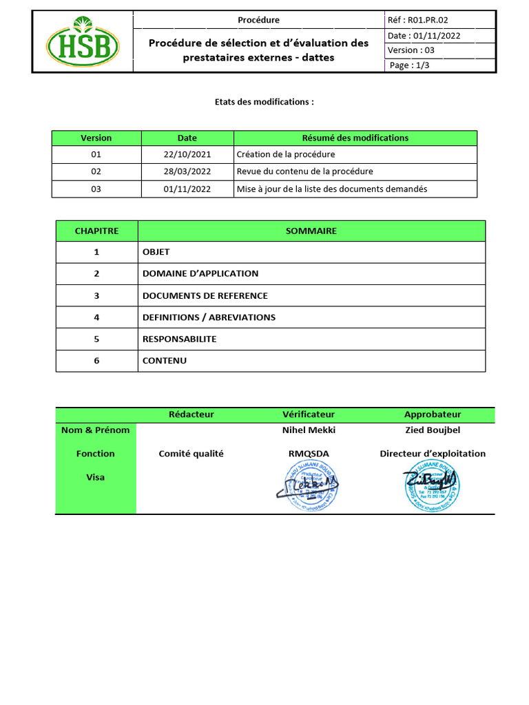 R01.PR.02 Procédure Sélection Et Évaluation Des Prestataires Dattes ...