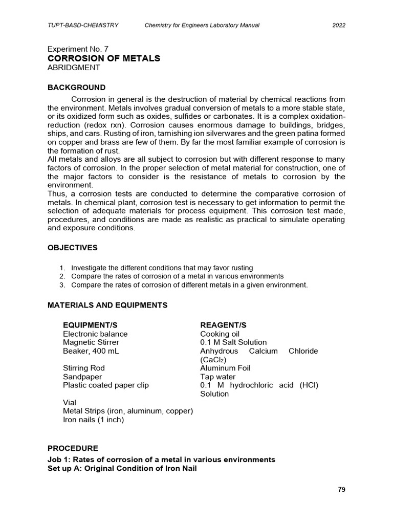 Experiment 7 Corrosion of Metals Manual | PDF | Corrosion | Metals